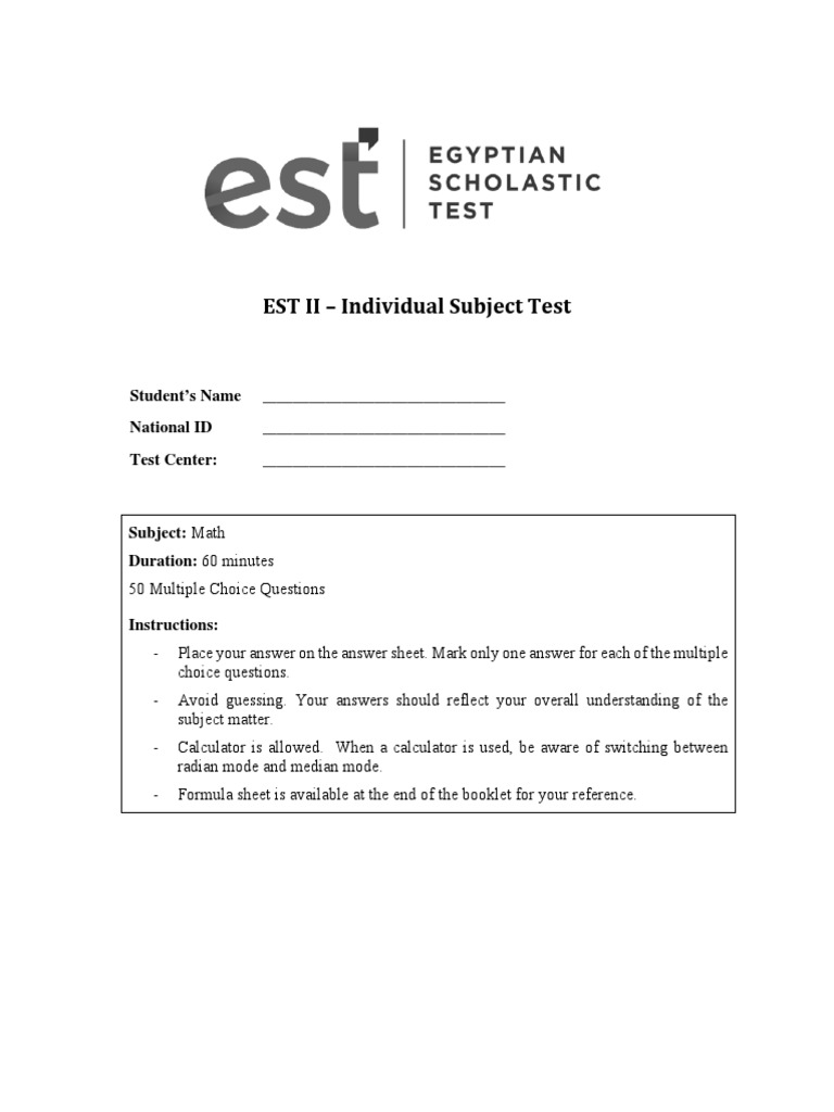 EST 2 Math Test | PDF