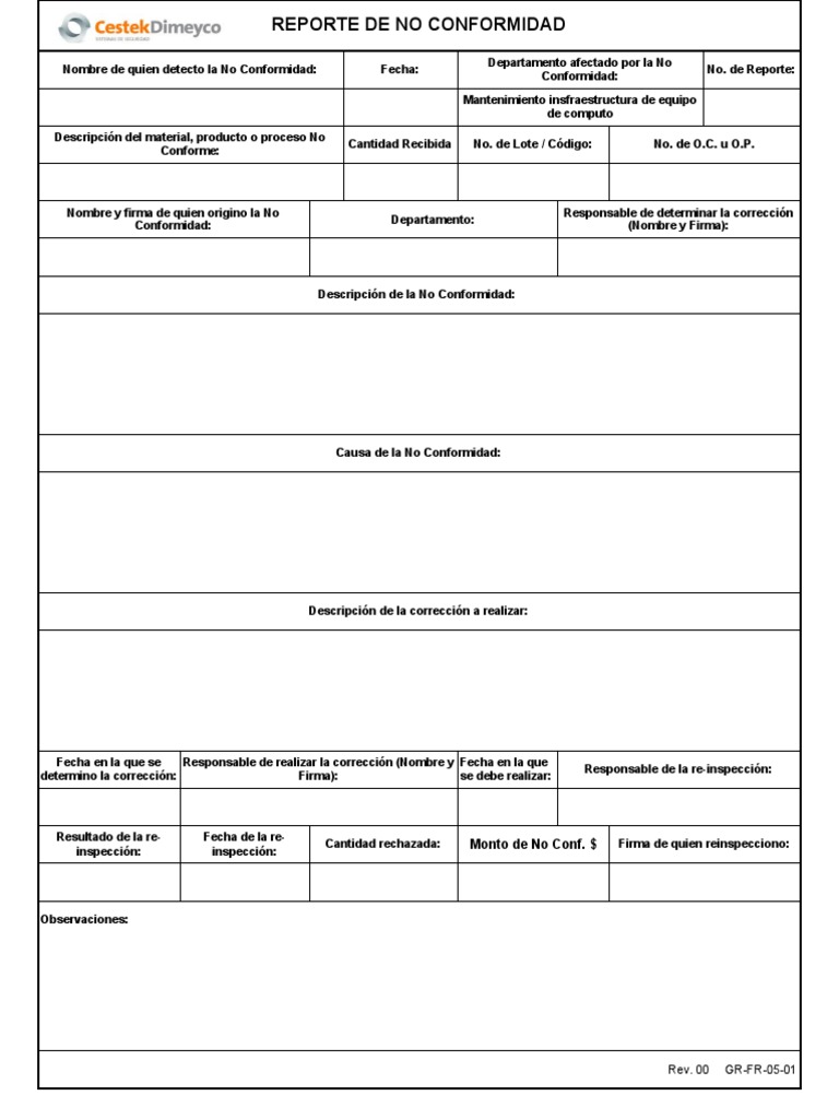 Formato De Reporte De No Conformidad Pdf 6197
