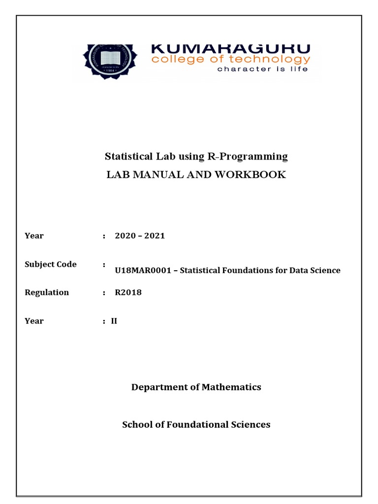 Statistical Lab Using R-Programming Lab Manual and Workbook: Department of Mathematics | PDF ...