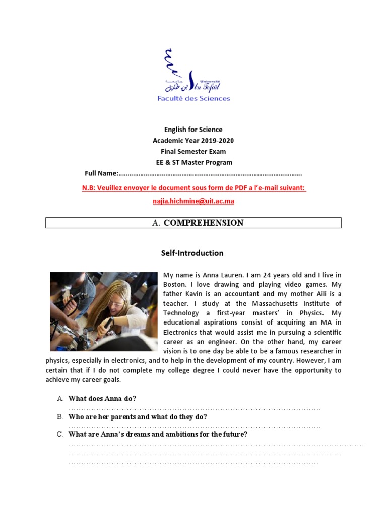 English For Science Academic Year 2019-2020 Final Semester Exam EE & ST ...