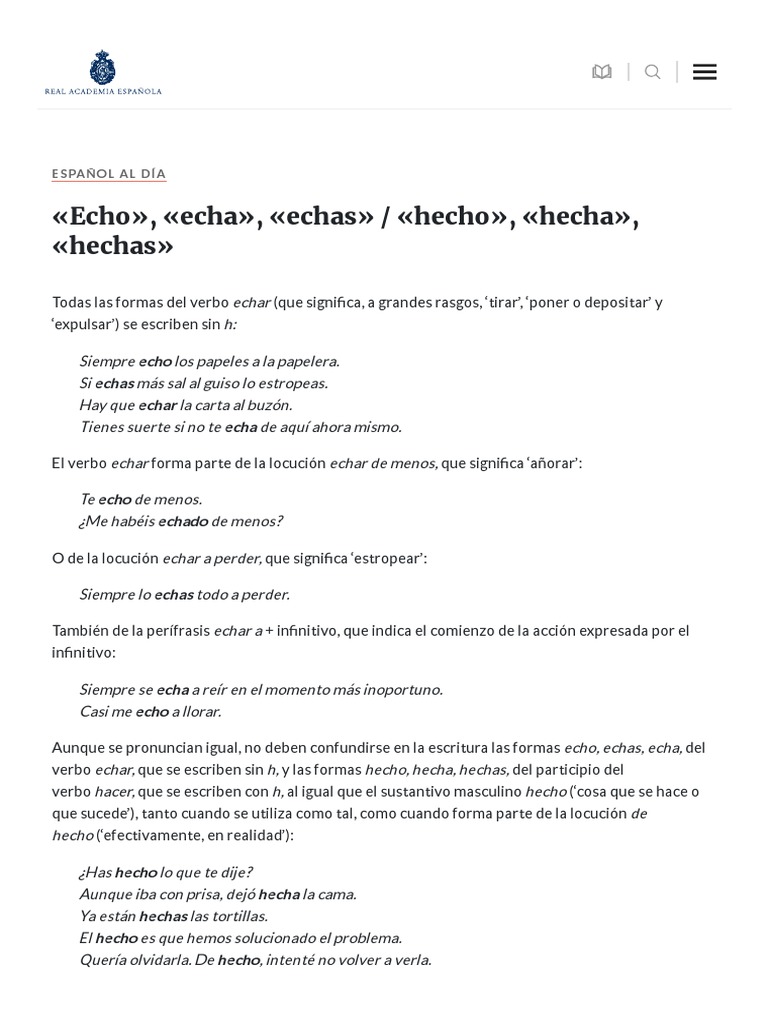 Echo, Echa, Echas - Hecho, Hecha, Hechas - Español Al Día - Real ...
