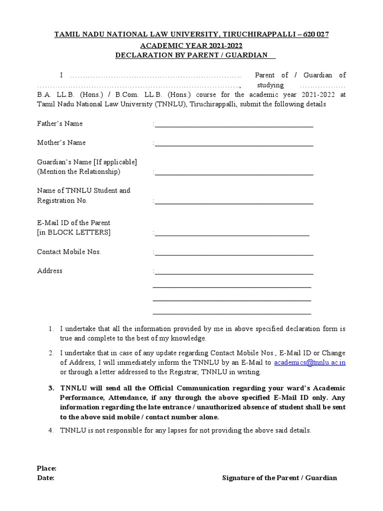 Parent Declaration Form for TNNLU | PDF
