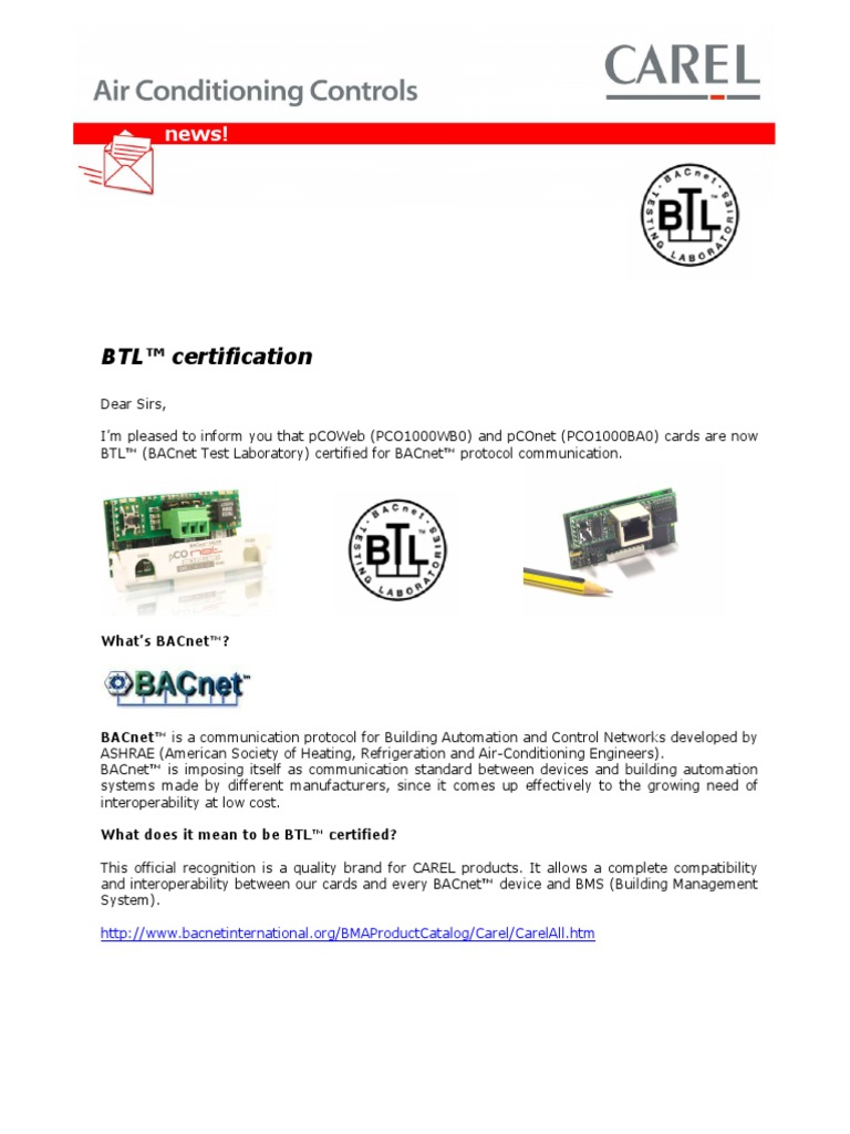 PCO1000WB0, PCO1000BA0 Certificado BTL BACnet Test Laboratory | PDF