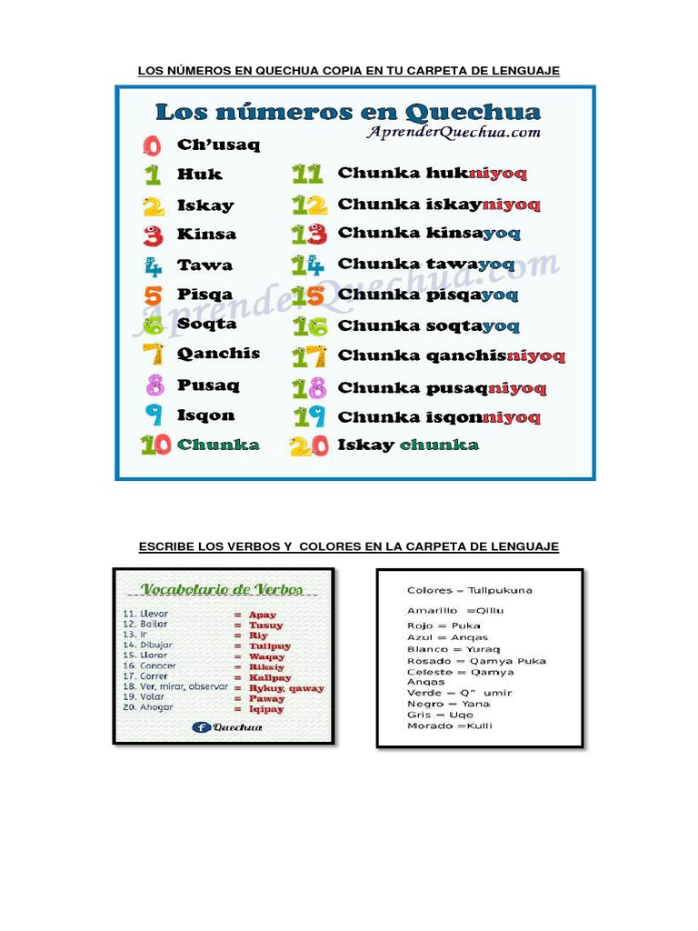 Los Números, Colores y Verbos en Quechua 2022 4° | PDF