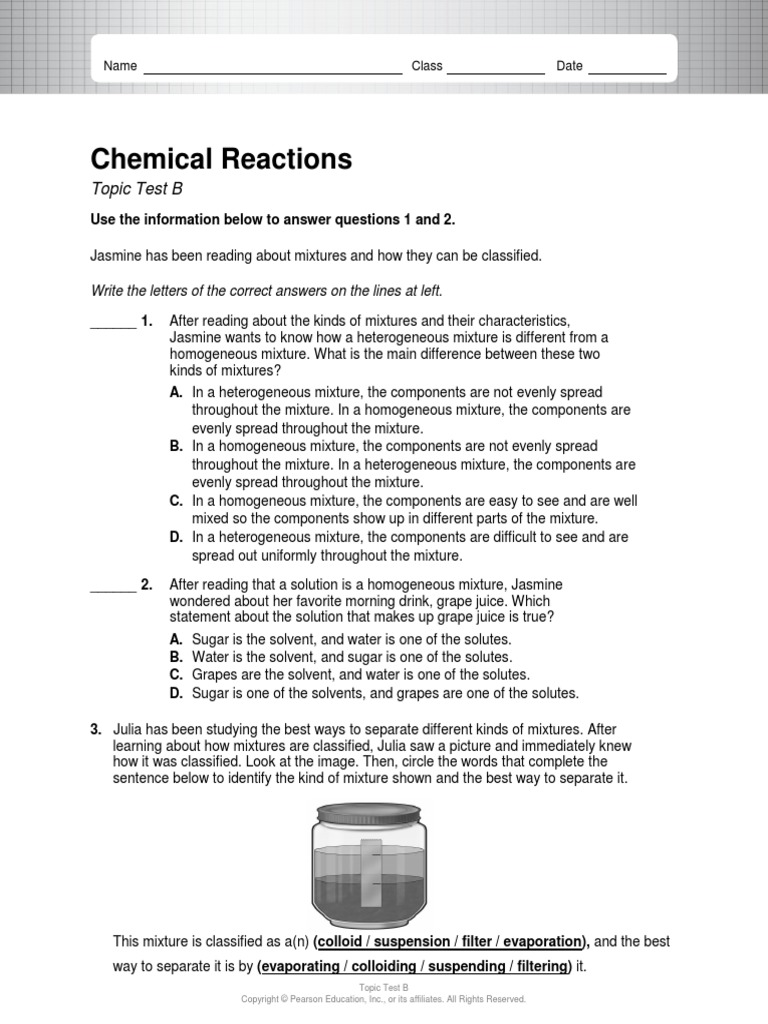 Chemical Reactions: Topic Test B | PDF | Mixture | Homogeneity And ...