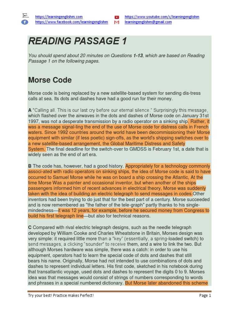 Reading Passage 1: Morse Code | PDF | Expert | Telegraphy