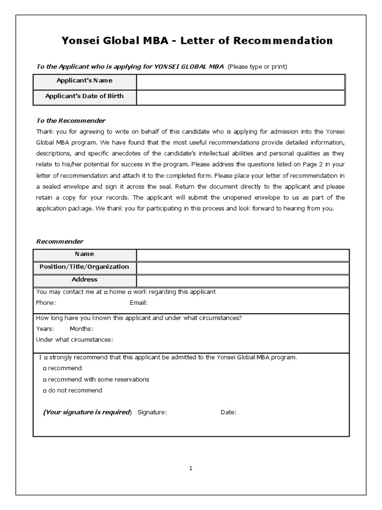 Mba Recommendation Letter Format MBA Recommendation Letter | PDF