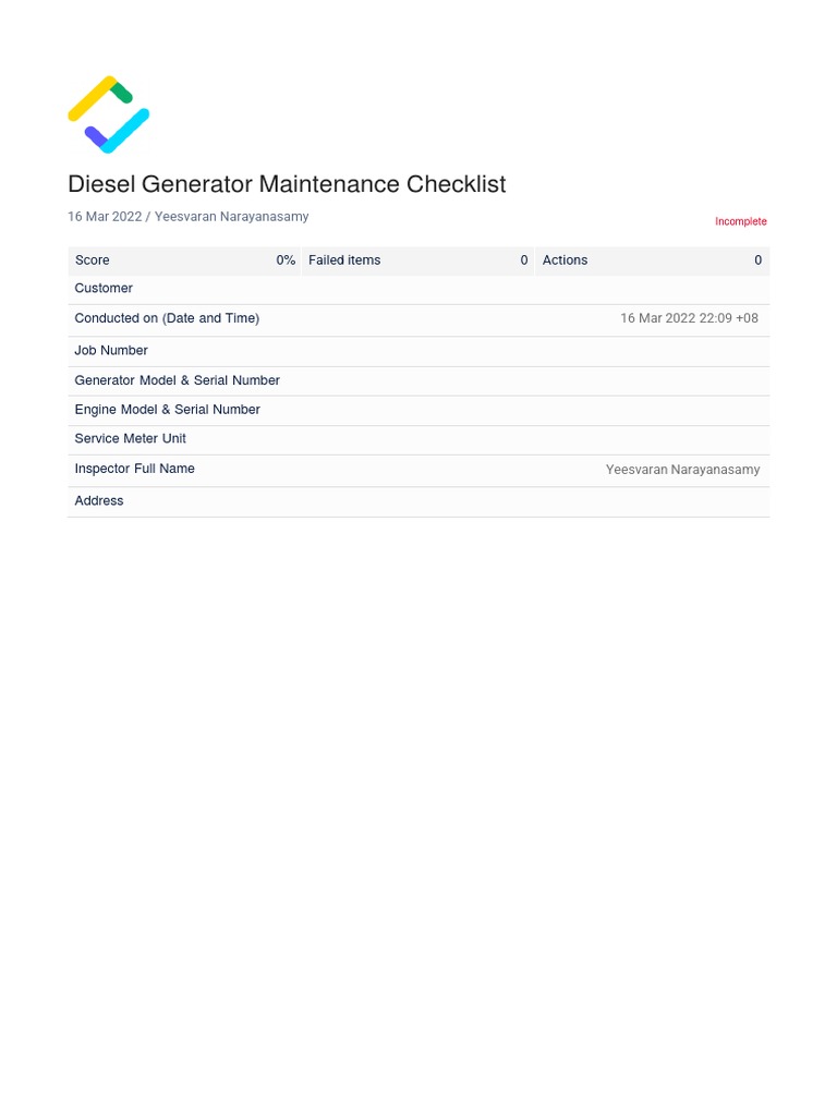 Diesel Generator Maintenance Checklist: 16 Mar 2022 / Yeesvaran ...