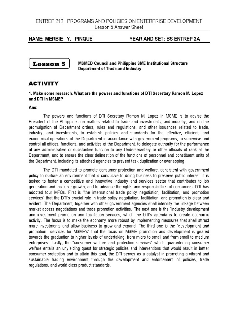 Pinque, Merbie - Entrep 212 Lesson 5 | PDF | Small And Medium Sized Enterprises | Economies