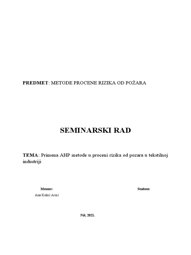 Seminarski Rad: Predmet: Metode Procene Rizika Od Požara | PDF