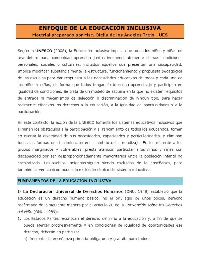 Enfoque de La Educación Inclusiva | PDF | Inclusión (Educación) | Invalidez