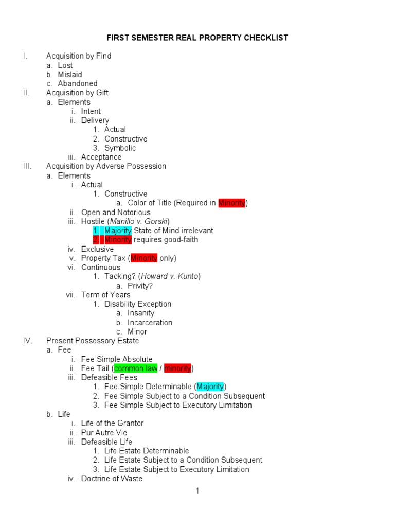 1st Semester Real Property Student Class Outline | PDF | Fee Simple ...