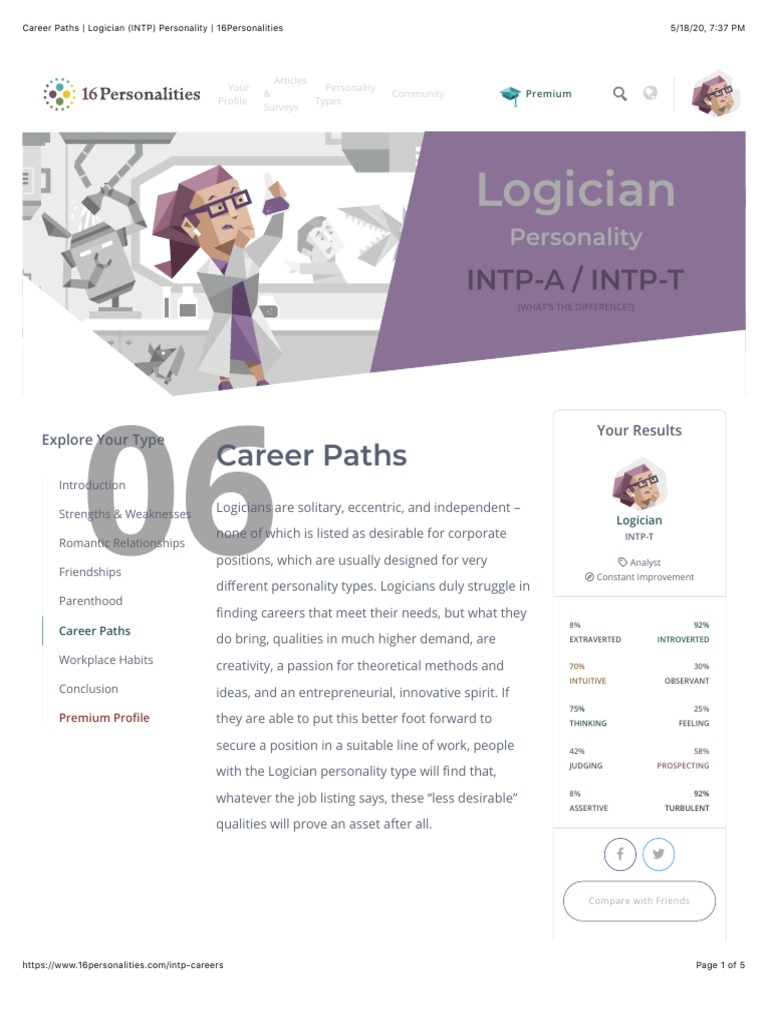 Career Paths - Logician (INTP) Personality - 16personalities | PDF | Personality Type | Logic