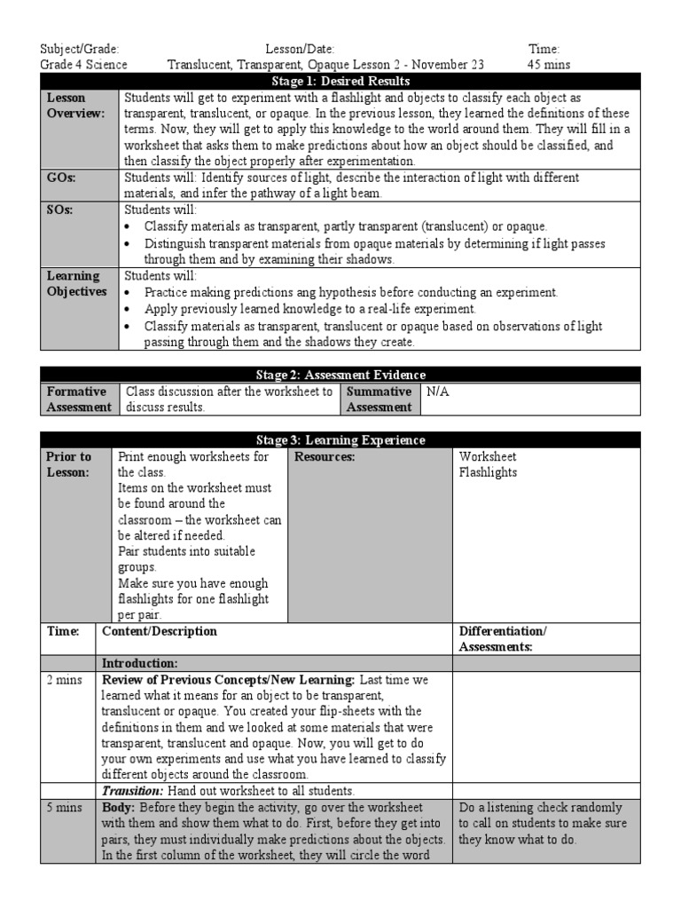 Transparent Translucent Opaque Lesson Plan Grade 4 Science | PDF ...