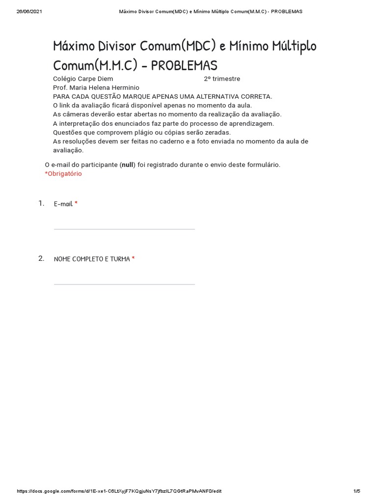 6º ANO - Máximo Divisor Comum (MDC) e Mínimo Múltiplo Comum (M.M.C) - Formulários Google | PDF ...