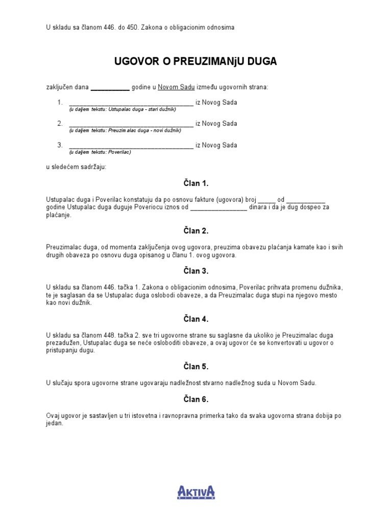 Ugovor O Preuzimanju Duga | PDF