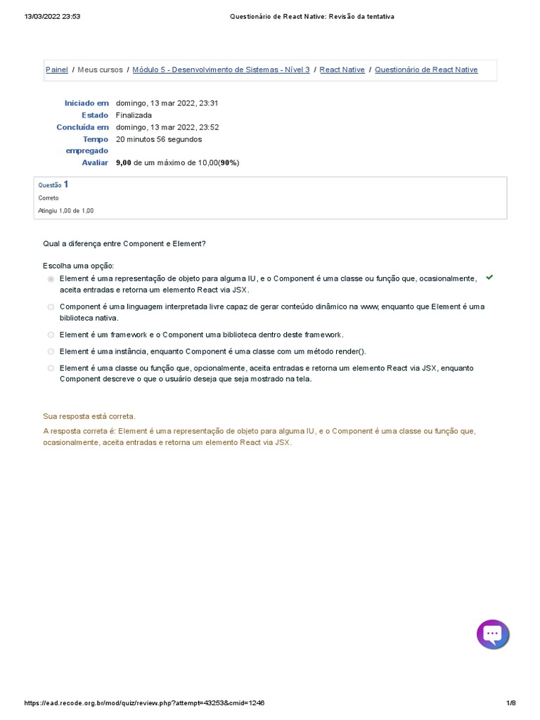 Revisão da tentativa do questionário sobre React Native: Conceitos fundamentais abordados | PDF ...