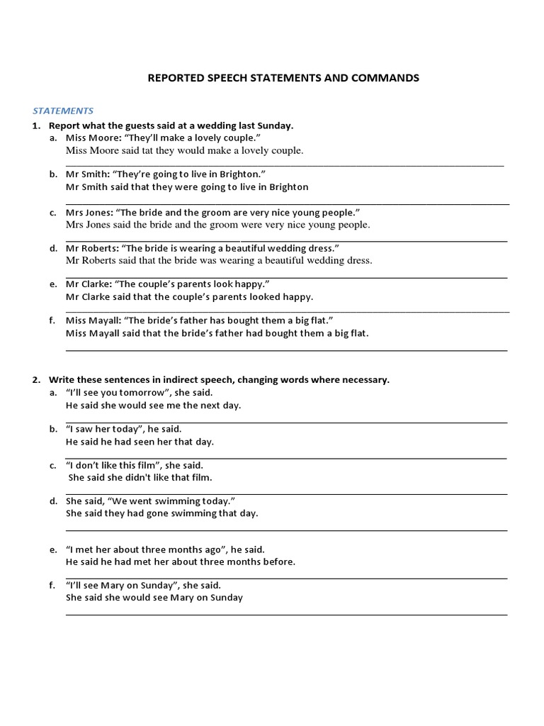 Reported Speech Statements&Commands | PDF | Wedding | Bride