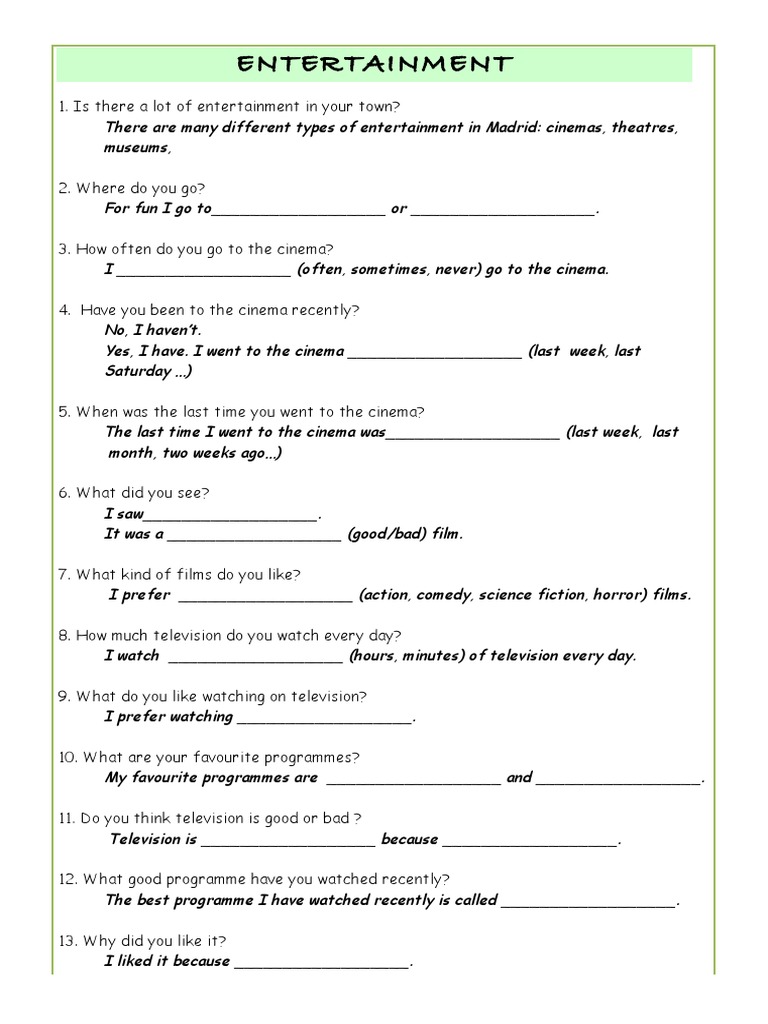 Questions Answers Entertainment | PDF | Movie Theater | Entertainment