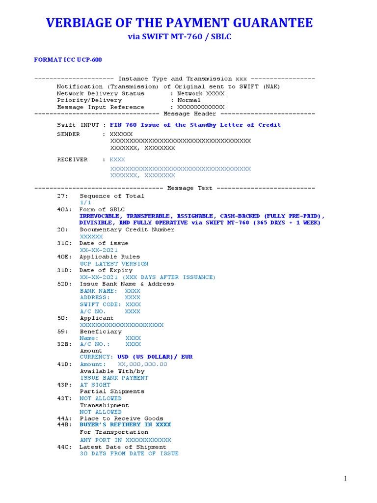 Verbiage of The Payment Guarantee?swift MT-760 - SBLC | PDF | Letter Of ...