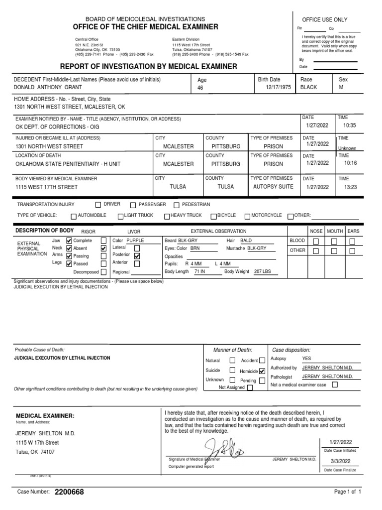 Donald Grant Execution Autopsy Report | PDF | Coronary Circulation ...