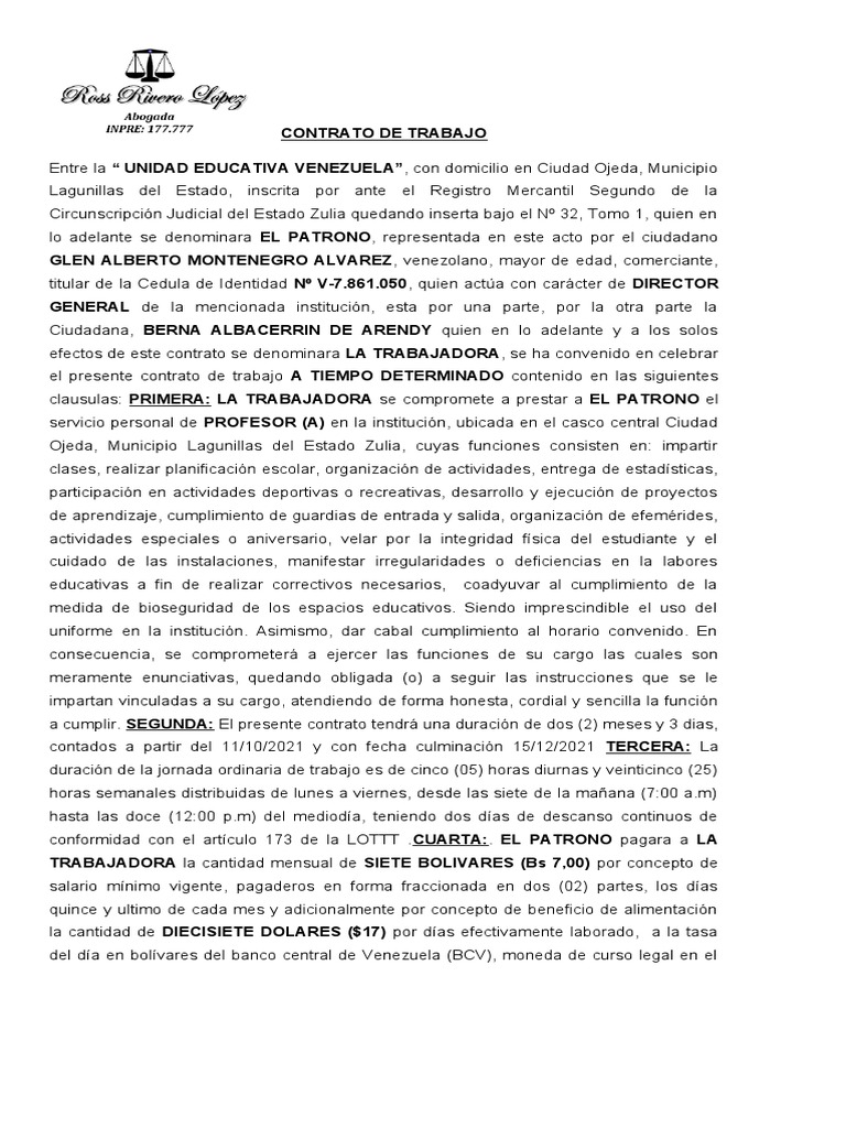 Contrato de Trabajo VENEZUELA | PDF