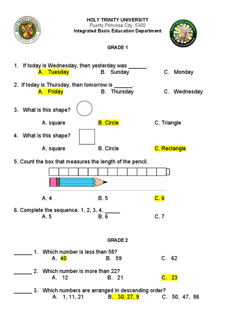 Holy Trinity University Integrated Basic Education Department Grade 1 ...