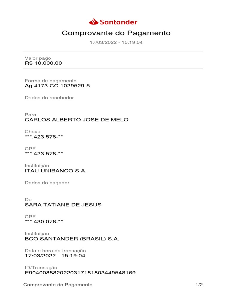 Comprovante de pagamento de R$ 10.000,00 realizado por Sara Tatiane de Jesus para Carlos Alberto ...