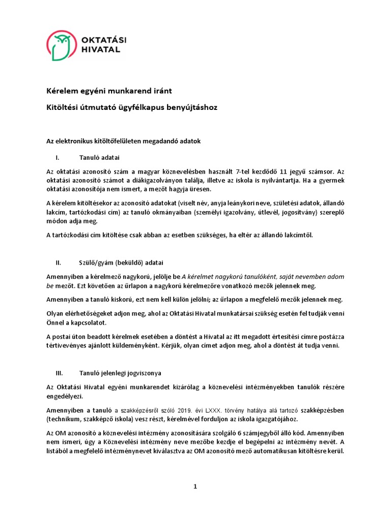 Egyeni Munkarend Kerelem Kitoltesi Utmutato Ugyfelkapus Benyujtas | PDF