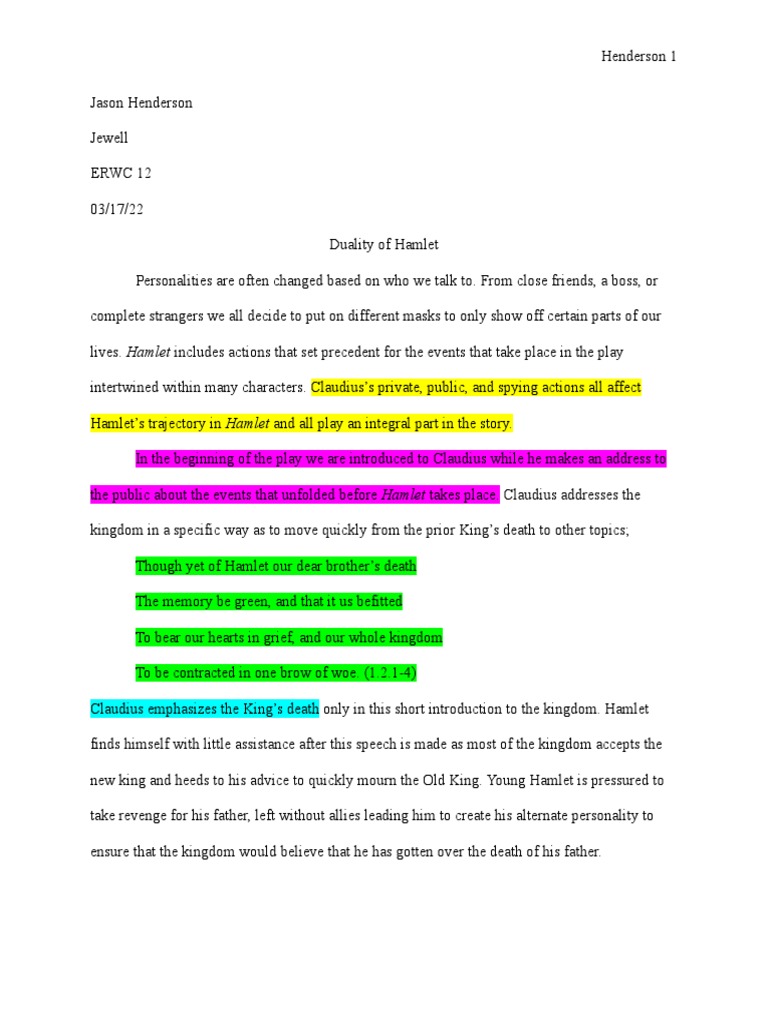 Hamlet Character Essay Final | PDF | Hamlet