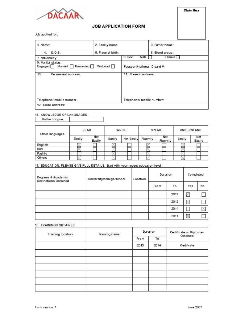 010 DACAAR Job Application Form English | PDF
