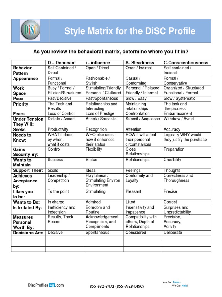 DiSC Profile Style Matrix Overview | PDF | Conformity | Behavioural Sciences