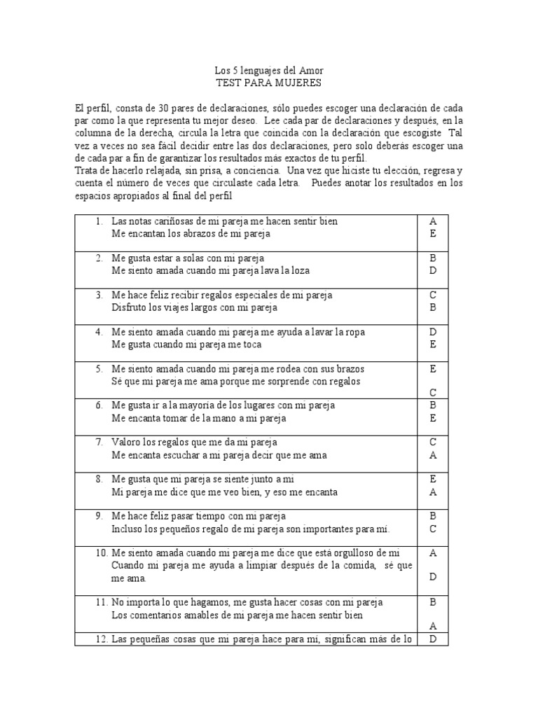 Los 5 Lenguajes Del Amor TEST MUJERES | PDF