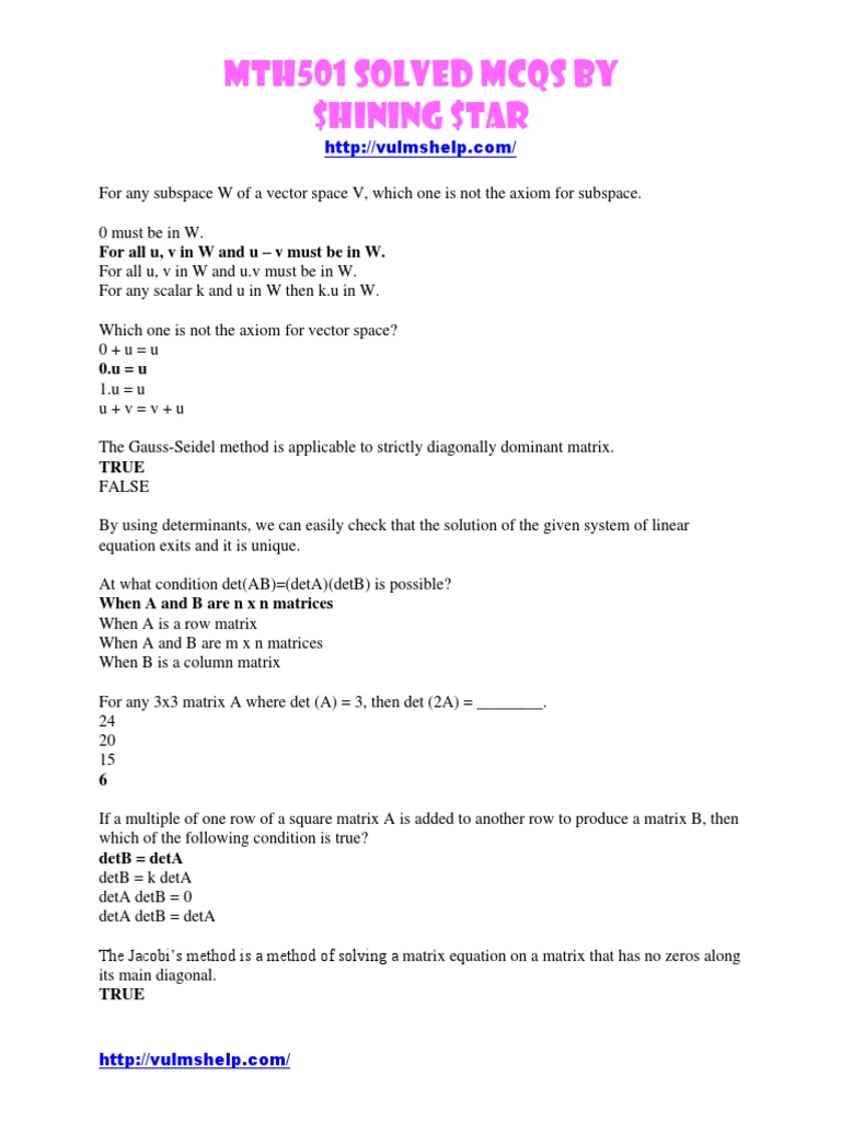 Mth501 Solved Mcqs by $hining $tar: Forallu, Vinwandu-Vmustbeinw | PDF | Matrix (Mathematics ...