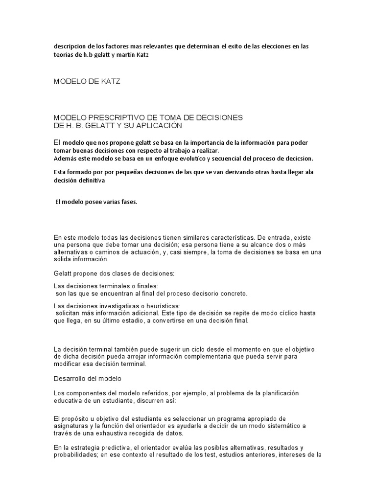 Análisis del modelo prescriptivo de toma de decisiones de H.B. Gelatt y ...