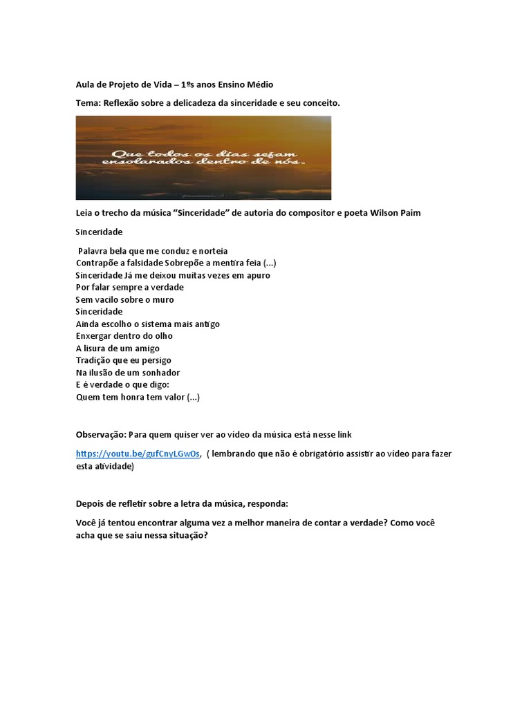 Aula De Projeto De Vida Aula 2 Pdf