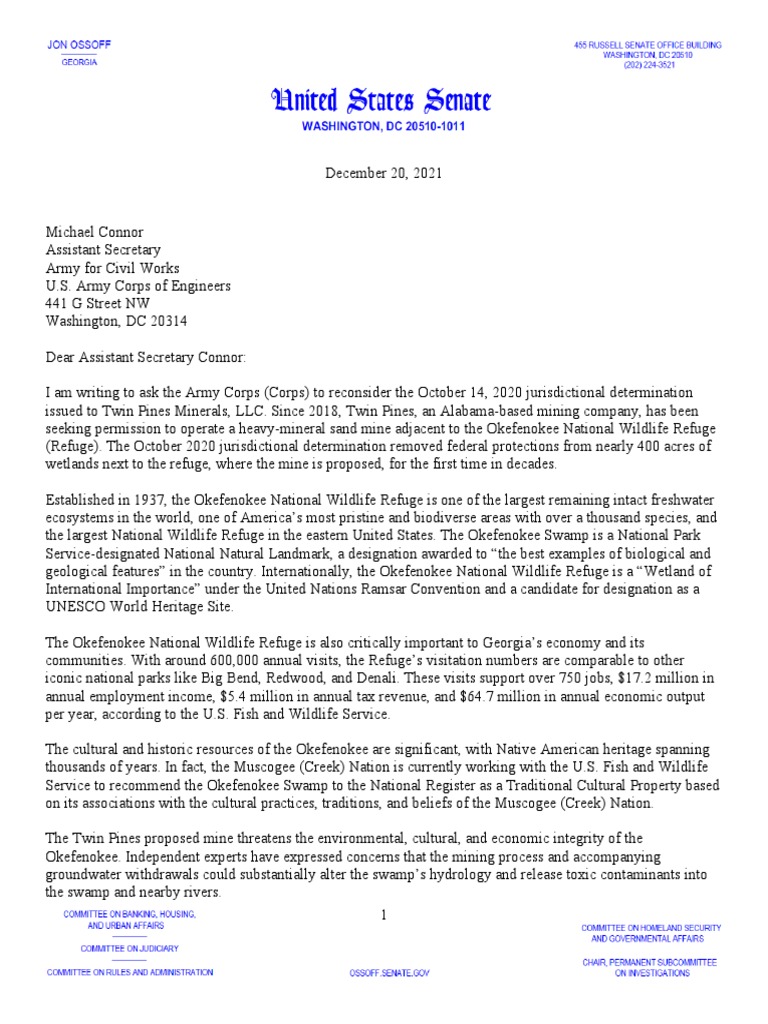 21.12.20 Sen. Jon Ossoff Letter To Army Corps Re Okefenokee | PDF ...
