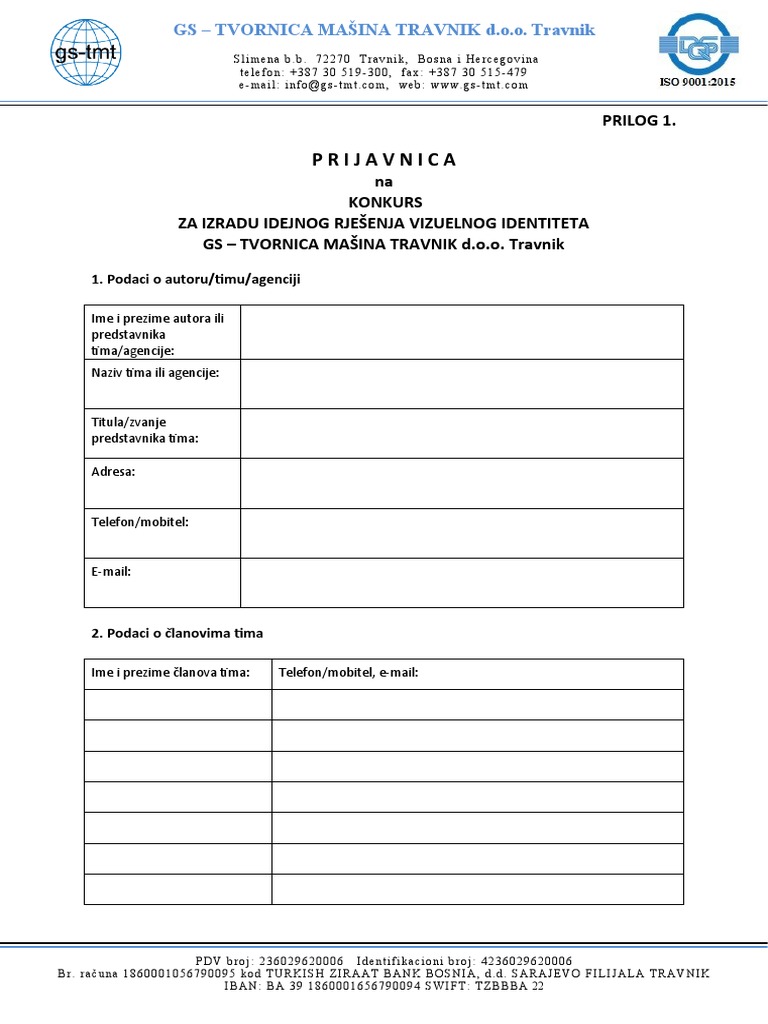 GS-TMT - Konkurs Prilog 1. Prijavnica Na Konkurs | PDF