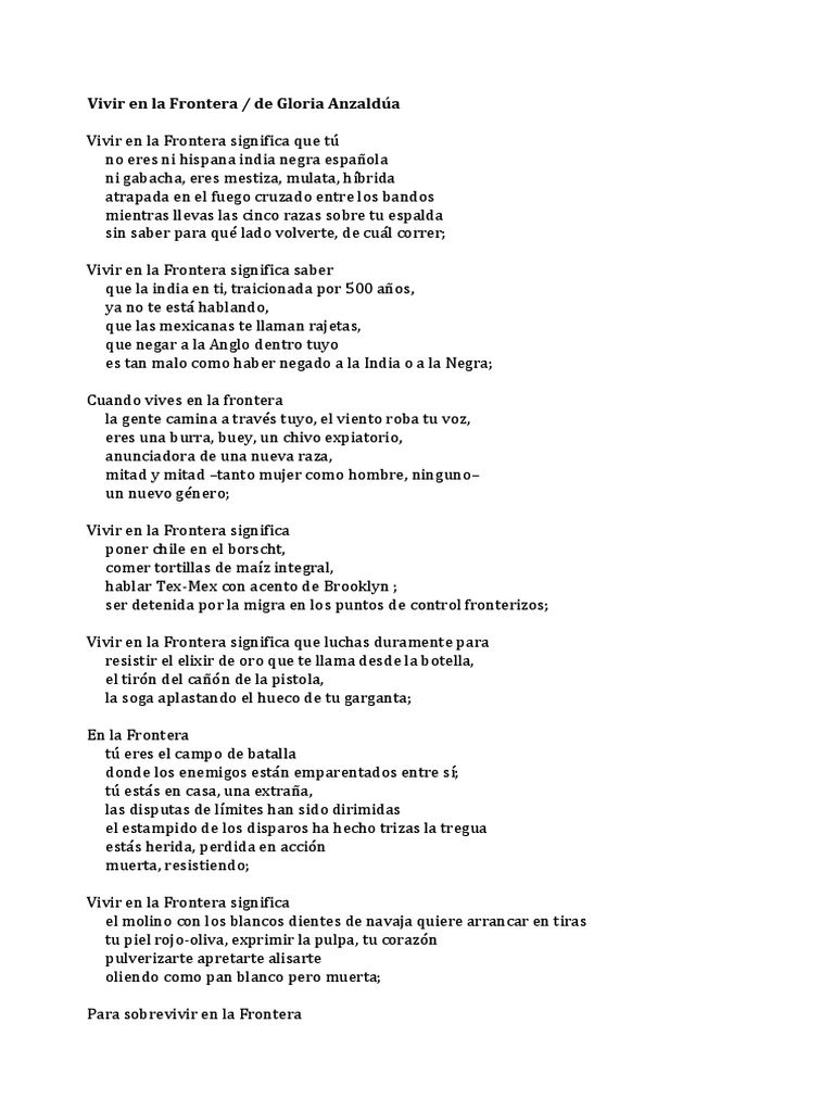 POEMA Vivir en la frontera - un poema de Gloria Anzaldúa | PDF POEMA Vivir en la frontera - un poema de Gloria Anzaldúa | PDF