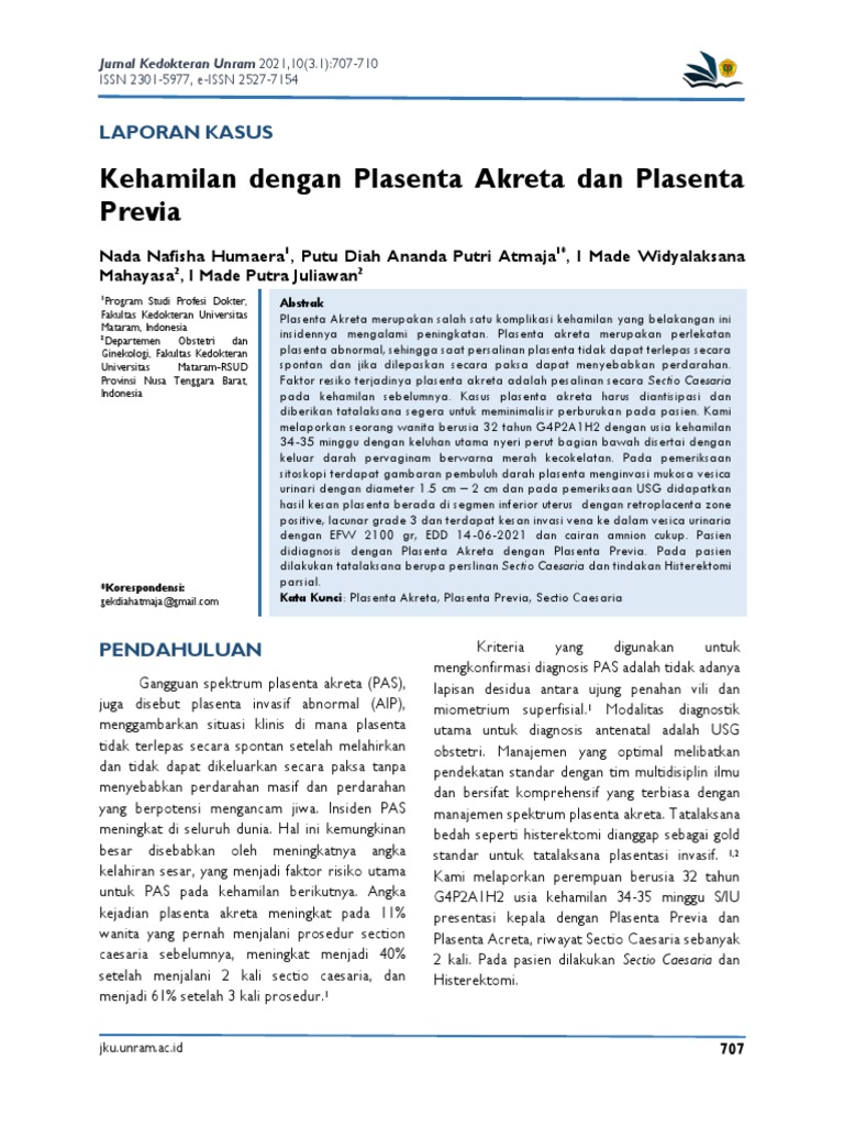 Kehamilan Dengan Plasenta Akreta Dan Plasenta Previa: Laporan Kasus | PDF