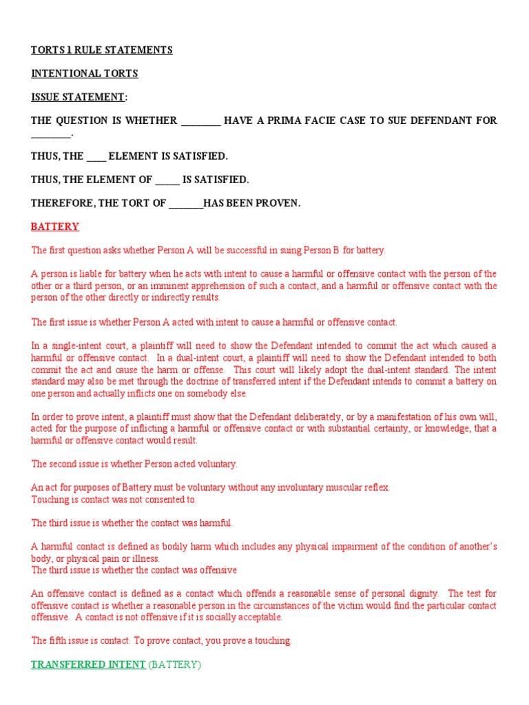 Torts 1 Rule Statements | PDF | Conversion (Law) | Intentional ...