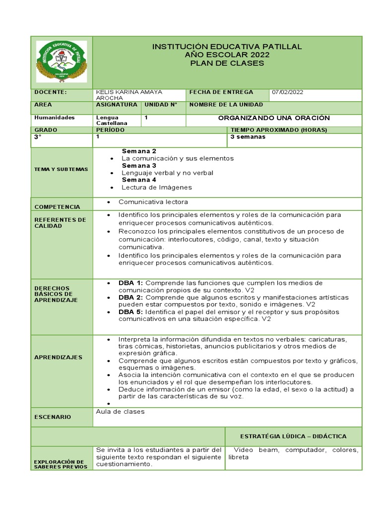 PLAN DE CLASES DE LENGUA CASTELLANA GRADO 3°B PERIODO 1 - 7 Febrero | PDF