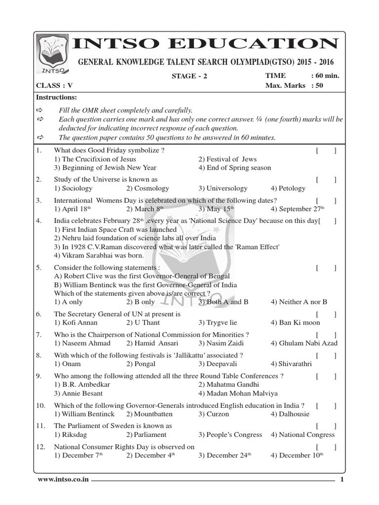 Intso Education: General Knowledge Talent Search Olympiad (Gtso) 2015 ...