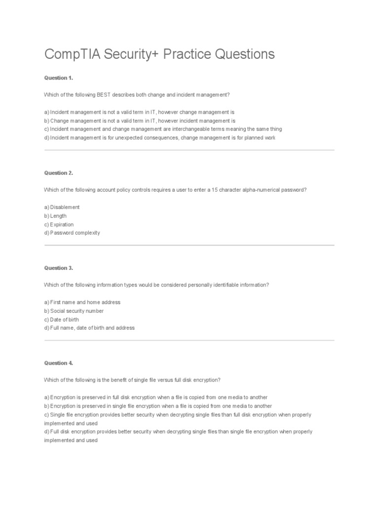CompTIA Practice Questions Sec+ | PDF | Transport Layer Security | Password