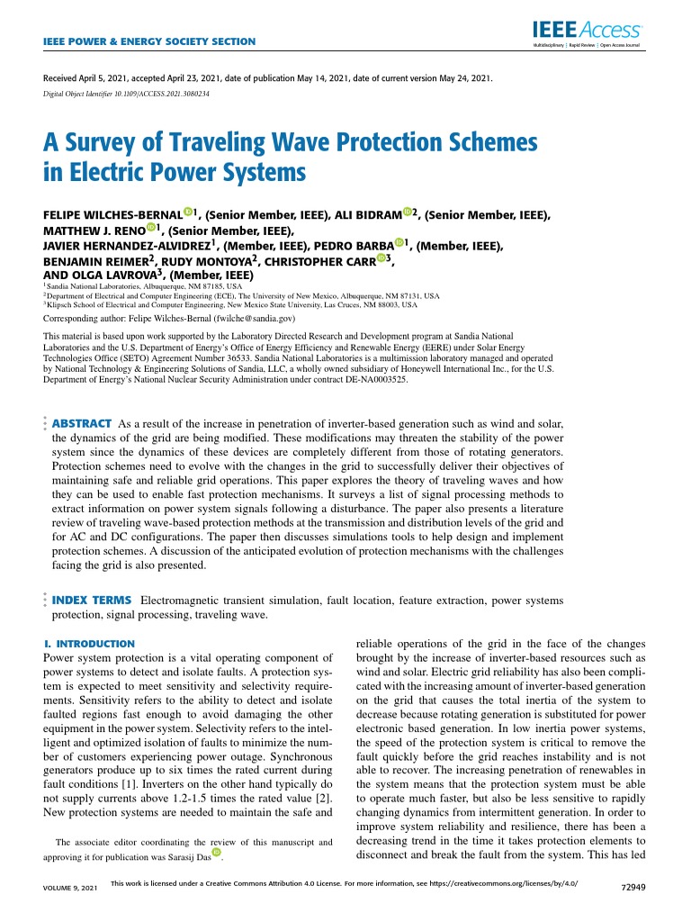 A Survey of Traveling Wave Protection Schemes in Electric Power Systems ...