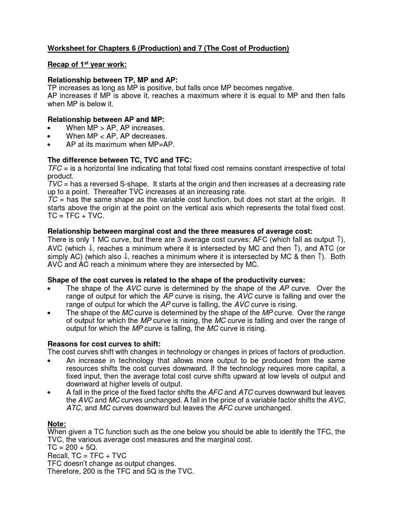 Worksheet For Chapters 6 and 7 | PDF | Average Cost | Marginal Cost