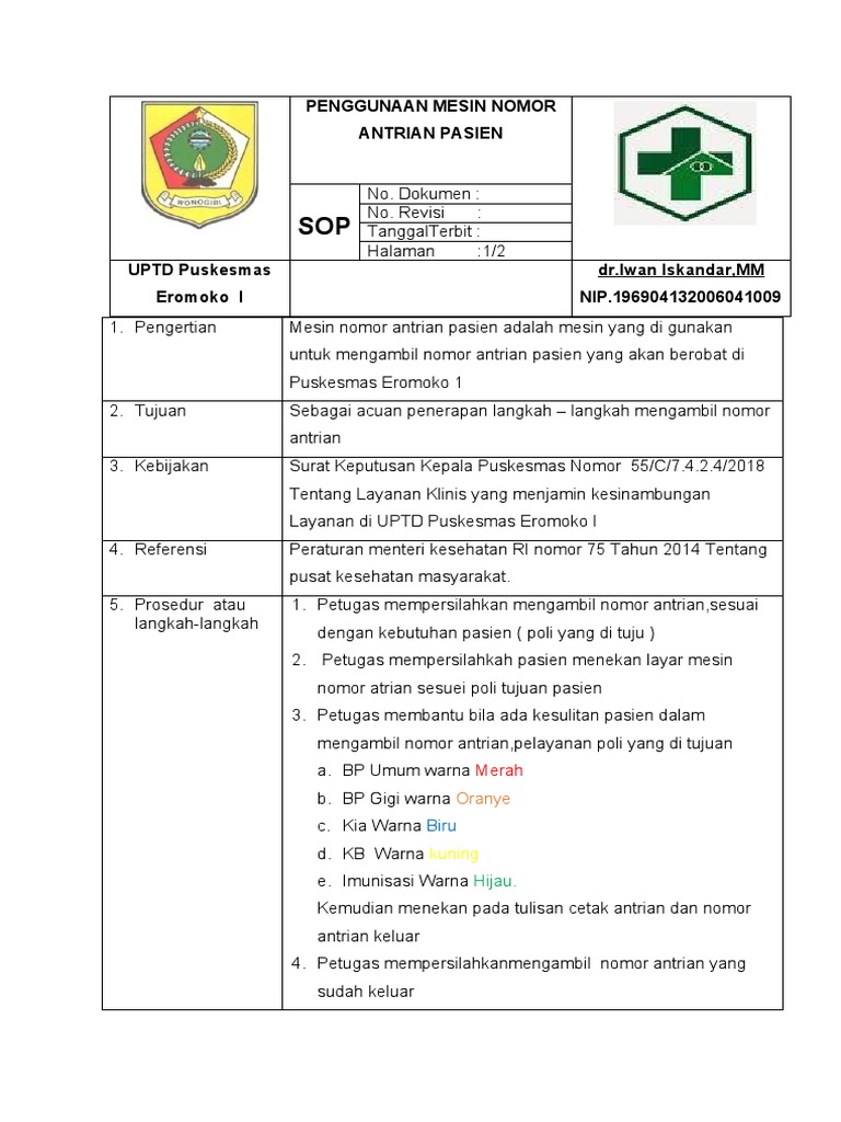 Sop Penggunaan Mesin Nomor Antrian Pasien | PDF