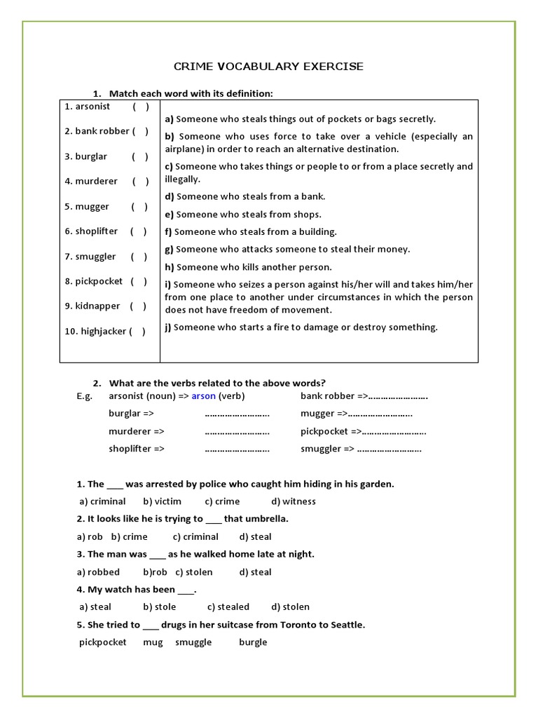 Crime Vocabulary Exercise Guide | PDF | Crime & Violence | Arson