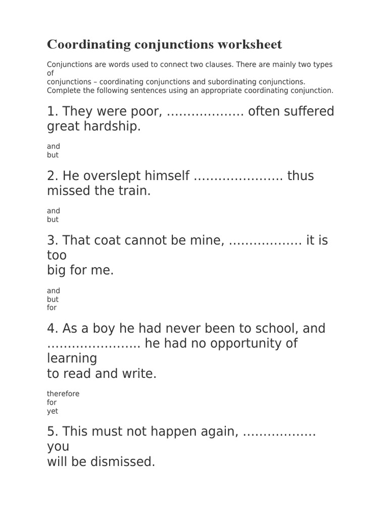Coordinating Conjunctions Worksheet | PDF