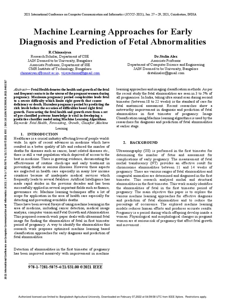 Machine Learning Approaches For Early Diagnosis and Prediction of Fetal ...
